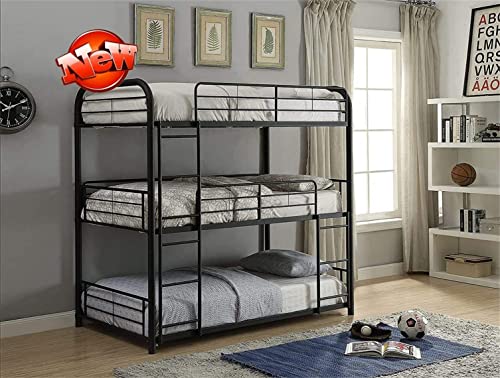 CPARTS Stronger & Upgraded Version Metal Industrial Style Triple Bunk Bed Full, Thickened More Stable Safer Steel Full Over Full Over Full Size Triple Bunkbed Frame, Faster Assemble (Sandy Black)