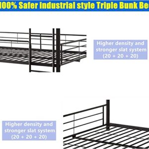 CPARTS Stronger & Upgraded Version Metal Industrial Style Triple Bunk Bed Full, Thickened More Stable Safer Steel Full Over Full Over Full Size Triple Bunkbed Frame, Faster Assemble (Sandy Black)