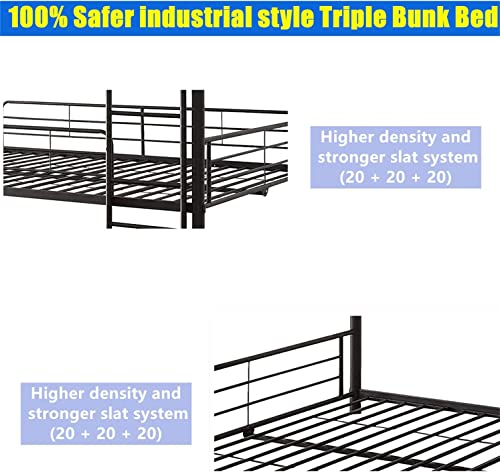 CPARTS Stronger & Upgraded Version Metal Industrial Style Triple Bunk Bed Full, Thickened More Stable Safer Steel Full Over Full Over Full Size Triple Bunkbed Frame, Faster Assemble (Sandy Black)