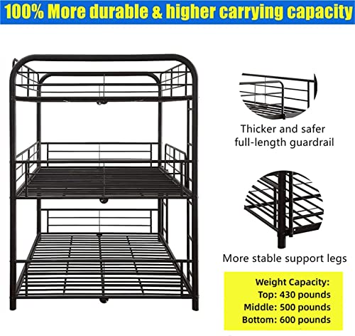 CPARTS Stronger & Upgraded Version Metal Industrial Style Triple Bunk Bed Full, Thickened More Stable Safer Steel Full Over Full Over Full Size Triple Bunkbed Frame, Faster Assemble (Sandy Black)