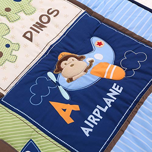 Brandream Boys Crib Bedding Sets Blue Airplane Car Rocket Dinosaur Baby Nursery Bedding Set 3 Pieces - Baby Quilt, Fitted Crib Sheet, Crib Bed Skirt Included