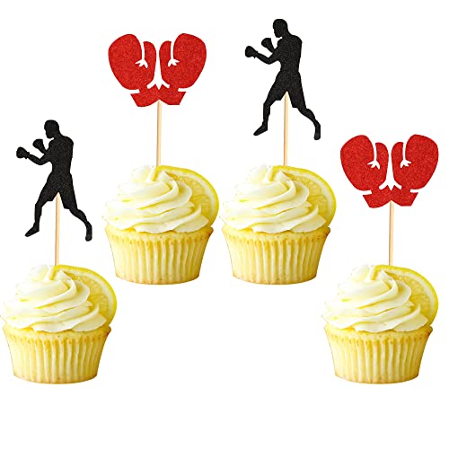 Arthsdite 48Pcs Black Red Glitter Boxing Gloves Boxer Cupcake Toppers Fitness Cupcake Picks Boxer Birthday Party Decorations