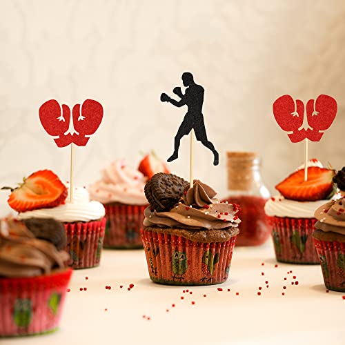 Arthsdite 48Pcs Black Red Glitter Boxing Gloves Boxer Cupcake Toppers Fitness Cupcake Picks Boxer Birthday Party Decorations