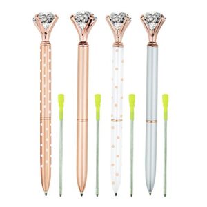 SINKSONS 4 Pcs Rose Gold Pen with Big Diamond/Crystal,Metal Ballpoint Pen,Rose Gold White and Silver,School and Office Supplies,Black Ink