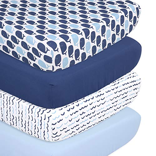 The Peanutshell Nautical Fitted Crib Sheet Set for Baby Boys or Girls - 4 Pack Nursery Set - Solid Blue, Whale Theme, & Waves