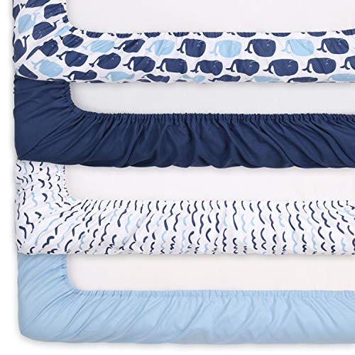 The Peanutshell Nautical Fitted Crib Sheet Set for Baby Boys or Girls - 4 Pack Nursery Set - Solid Blue, Whale Theme, & Waves