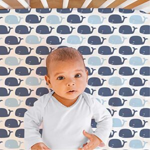 The Peanutshell Nautical Fitted Crib Sheet Set for Baby Boys or Girls - 4 Pack Nursery Set - Solid Blue, Whale Theme, & Waves