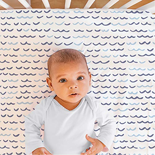 The Peanutshell Nautical Fitted Crib Sheet Set for Baby Boys or Girls - 4 Pack Nursery Set - Solid Blue, Whale Theme, & Waves