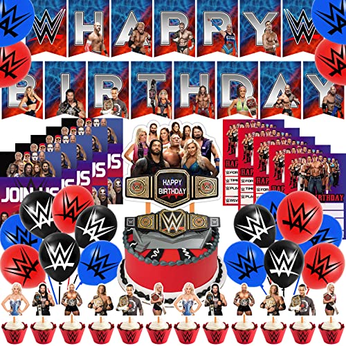 44 Pcs Boxing Party Supplies, Wrestling Fighting Theme Birthday Party Set, Includes Happy birthday banner, Cake topper, Cupcake Toppers, Balloons, Invitation Card for Kids Men Party Decorations