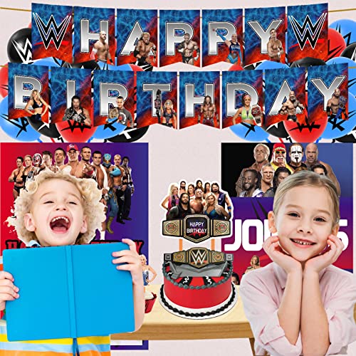 44 Pcs Boxing Party Supplies, Wrestling Fighting Theme Birthday Party Set, Includes Happy birthday banner, Cake topper, Cupcake Toppers, Balloons, Invitation Card for Kids Men Party Decorations