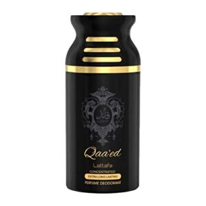 qaa'ed deodorant - 250ml (8.4 oz ) i qaa'ed, 6 pack | oriental deo with a classic combination of oudh, roses & vanilla i energizing oud fragrance i classy unisex scent i summer deo fresh, citrus, pepper i vanilla, jasmine, white musk, ambergris & saffron