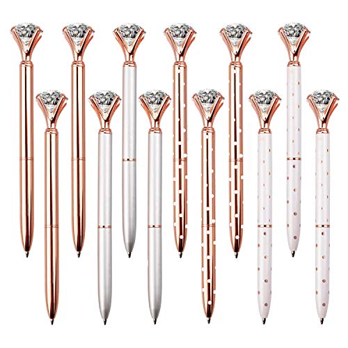 LONGKEY 12PCS Diamond Pens Large Crystal Diamond Ballpoint Pen Bling Metal Ballpoint Pen Office and School, Silver/White Rose Polka Dot/Rose Gold/Rose Gold with White Polka Dots,12Pen Refills. ?