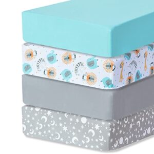 bimocosy Fitted Crib Sheets for Boys 4 Pack, Size 28"x 52" for Standard Crib and Toddler Mattresses, Super Soft Breathable Microfiber Baby Crib Mattress Sheet, Stars/Woodland Animals/Grey/Light Green