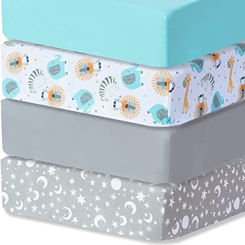 bimocosy Fitted Crib Sheets for Boys 4 Pack, Size 28"x 52" for Standard Crib and Toddler Mattresses, Super Soft Breathable Microfiber Baby Crib Mattress Sheet, Stars/Woodland Animals/Grey/Light Green