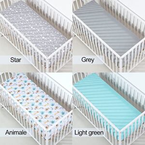 bimocosy Fitted Crib Sheets for Boys 4 Pack, Size 28"x 52" for Standard Crib and Toddler Mattresses, Super Soft Breathable Microfiber Baby Crib Mattress Sheet, Stars/Woodland Animals/Grey/Light Green