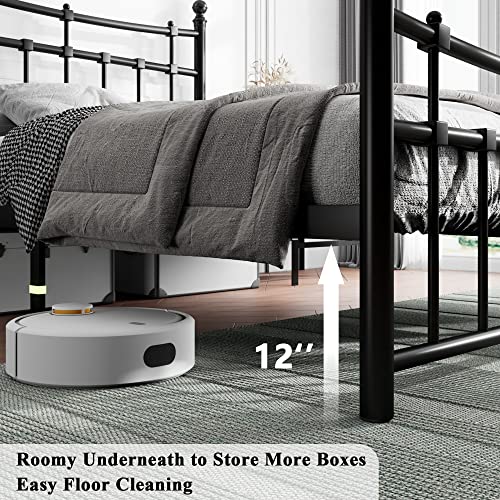 Feonase Twin Size Metal Bed Frame with Headboard, Modern Heavy Duty Platform Bed Frame with 14 Steel Slats Support, 12" Under Bed Storage, No Box Spring Needed, Easy Assembly, Noise-Free, Black