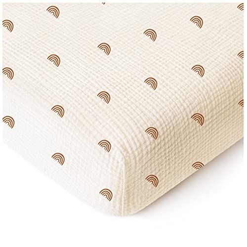 Konssy Muslin Fitted Crib Sheets 100% Cotton Baby Crib Sheets for Standard Crib Mattress (28 X 52 Inches), Soft and Breathable for Boy, Girl (Rainbow)