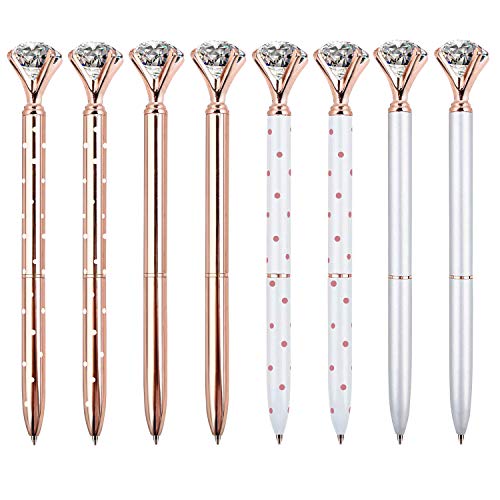 ZZTX 8 PCS Big Crystal Diamond Ballpoint Pen Bling Metal Ballpoint Pen Office Supplies, Rose Gold/Silver/White With Rose Polka Dots/Rose Gold With White Polka Dots, Includes 8 Pen Refills