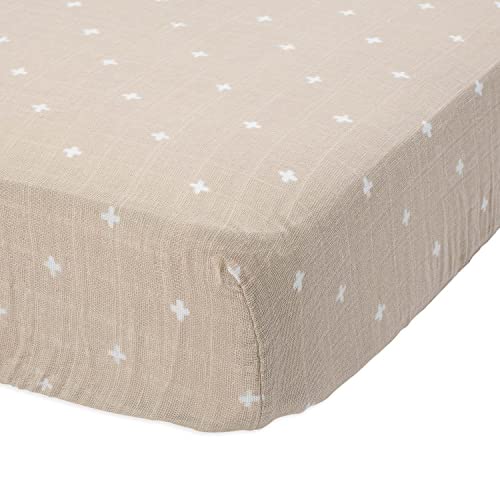 Little Unicorn Taupe Cross Fitted Crib Sheet | 100% Cotton Muslin | Super Soft | Sized for Standard Baby Crib & Toddler Mattress | Machine Washable | 52” x 28” x 9”