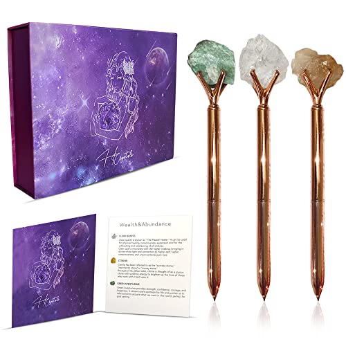 3 Pcs Rose Gold Crystal Pens - Citrine, Clear Quartz, Green Aventure Healing Crystals - For Journaling, Gratitude, Abundance, Witchcraft - Unique Elegant Gift Box