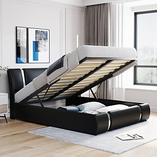 Metal Queen Bed Frame Queen Size Upholstered Faux Leather Platform Bed with a Hydraulic Storage System, Black