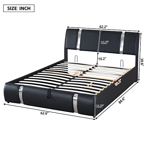 Metal Queen Bed Frame Queen Size Upholstered Faux Leather Platform Bed with a Hydraulic Storage System, Black