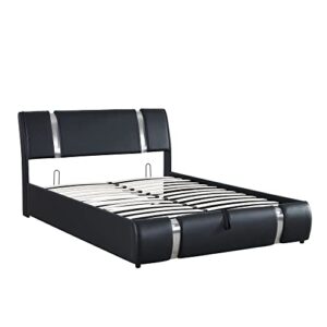 Metal Queen Bed Frame Queen Size Upholstered Faux Leather Platform Bed with a Hydraulic Storage System, Black