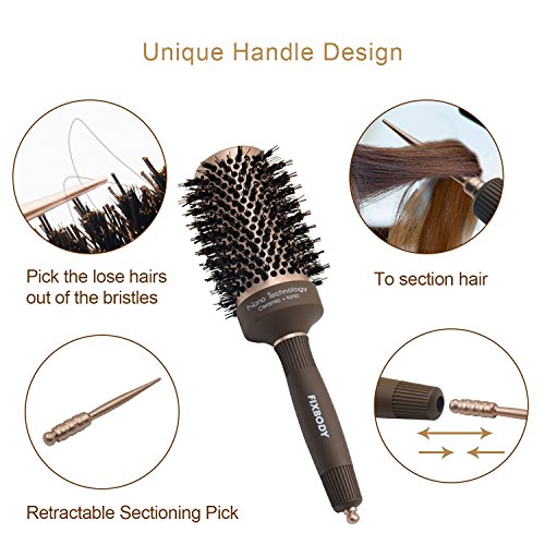 FIXBODY Boar Bristles Round Hair Brush, Nano Thermal Ceramic & Ionic Tech, Roller Hairbrush for Blow Drying, Curling, Straightening, Add Volume & Shine (3.3 inch, Barrel 2 inch)