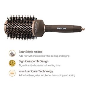 FIXBODY Boar Bristles Round Hair Brush, Nano Thermal Ceramic & Ionic Tech, Roller Hairbrush for Blow Drying, Curling, Straightening, Add Volume & Shine (3.3 inch, Barrel 2 inch)