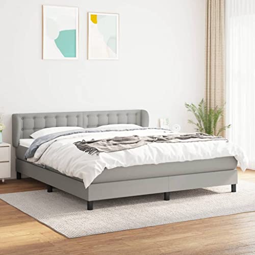 loibinfen King Size Box Spring Bed with Mattress Set, Included 1 x Bed Frame/1 x Headboard with Ears/1 x Mattress/1 x Mattress Topper, Light Gray 76"x79.9" Fabric with Black Legs (Style G)