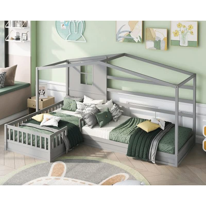 WXYNHHD Wood House Bed Twin Size 2 Twin Solid Bed L Structure with Fence and slatted Frame