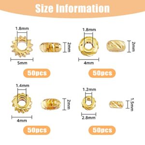 HOBBIESAY 200Pcs 2 Styles 4 Sizes Textured Brass Spacer Beads 2.8~5mm Rondelle Beads Golden Flat Round Beads Long-Lasting Plated Bead for Bracelet Keychain Earring Crafts Making,Hole: 1.2~1.8mm