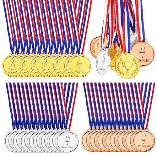 Pllieay 48 Pieces Plastic Winner Medals, Winner Award Medals, Gold Silver and Bronze Medals for Sports, Competition, Talent Show, Spelling Bee, Gymnastic Birthday Party Favors and Awards