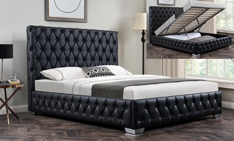 Upholstered Bed Frame with Storage, Faux Leather Platform Bed Frame, No Box Spring Needed, Black-Full