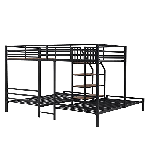 VilroCaz Modern Twin Over Twin & Twin Bunk Bed with Storage Shelves Staircase, Heavy Duty Metal Triple Bunk Bed Frame with Safety Guardrail for Kids Teens Adults, Multiple Storage Space (Black-6)