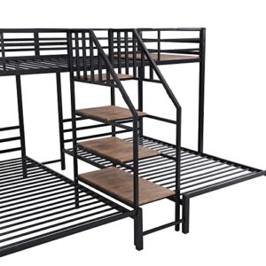 VilroCaz Modern Twin Over Twin & Twin Bunk Bed with Storage Shelves Staircase, Heavy Duty Metal Triple Bunk Bed Frame with Safety Guardrail for Kids Teens Adults, Multiple Storage Space (Black-6)