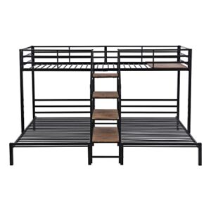 VilroCaz Modern Twin Over Twin & Twin Bunk Bed with Storage Shelves Staircase, Heavy Duty Metal Triple Bunk Bed Frame with Safety Guardrail for Kids Teens Adults, Multiple Storage Space (Black-6)