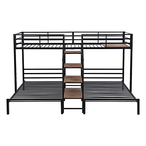 VilroCaz Modern Twin Over Twin & Twin Bunk Bed with Storage Shelves Staircase, Heavy Duty Metal Triple Bunk Bed Frame with Safety Guardrail for Kids Teens Adults, Multiple Storage Space (Black-6)