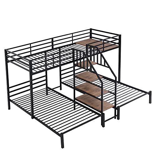 VilroCaz Modern Twin Over Twin & Twin Bunk Bed with Storage Shelves Staircase, Heavy Duty Metal Triple Bunk Bed Frame with Safety Guardrail for Kids Teens Adults, Multiple Storage Space (Black-6)