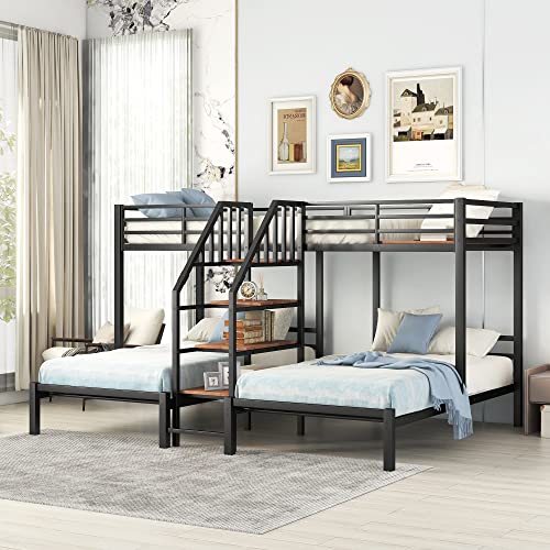 VilroCaz Modern Twin Over Twin & Twin Bunk Bed with Storage Shelves Staircase, Heavy Duty Metal Triple Bunk Bed Frame with Safety Guardrail for Kids Teens Adults, Multiple Storage Space (Black-6)