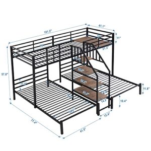 VilroCaz Modern Twin Over Twin & Twin Bunk Bed with Storage Shelves Staircase, Heavy Duty Metal Triple Bunk Bed Frame with Safety Guardrail for Kids Teens Adults, Multiple Storage Space (Black-6)