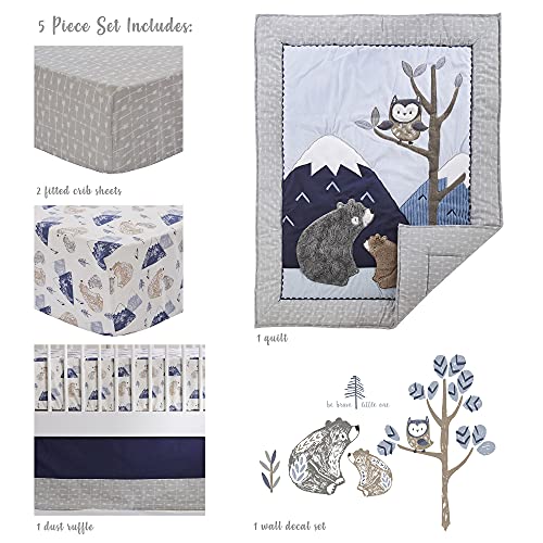 Levtex Baby - Rowan Crib Bed Set - Baby Nursery Set - Navy Grey White Blue Taupe - Bears and Mountains - 5 Piece Set Includes Quilt, Two Fitted Sheets, Wall Decal & Skirt/Dust Ruffle