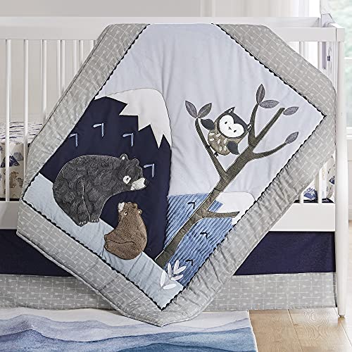 Levtex Baby - Rowan Crib Bed Set - Baby Nursery Set - Navy Grey White Blue Taupe - Bears and Mountains - 5 Piece Set Includes Quilt, Two Fitted Sheets, Wall Decal & Skirt/Dust Ruffle