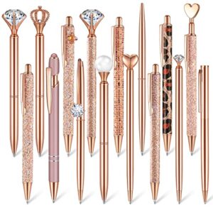 colarr 16 pcs ballpoint pens set metal crystal diamond pen glitter pens for journaling pretty cute pens black ink retractable fancy pens gifts for women girls office wedding school supply (rose gold)