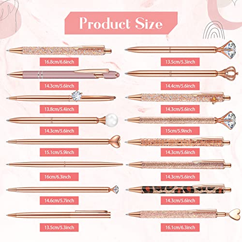 Colarr 16 Pcs Ballpoint Pens Set Metal Crystal Diamond Pen Glitter Pens for Journaling Pretty Cute Pens Black Ink Retractable Fancy Pens Gifts for Women Girls Office Wedding School Supply (Rose Gold)