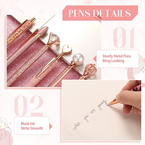 Colarr 16 Pcs Ballpoint Pens Set Metal Crystal Diamond Pen Glitter Pens for Journaling Pretty Cute Pens Black Ink Retractable Fancy Pens Gifts for Women Girls Office Wedding School Supply (Rose Gold)