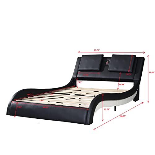 Upholstered Faux Leather Queen Size Bed Frame with LED Lighting,Bluetooth Connection and Backrest Vibration Massage , Queen Bed with Curve Design and Wood Slat Support for Teens Adults ,Black