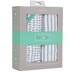 ely’s & co. patent pending waterproof crib│toddler bed sheet 2-pack set for baby boy - 100% cotton, jersey knit cotton sheets with waterproof lining — misty blue, stripes and splashes