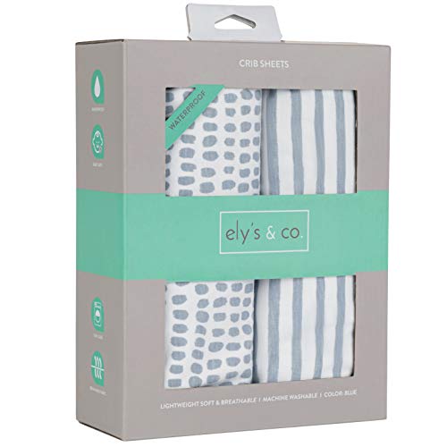 Ely’s & Co. Patent Pending Waterproof Crib│Toddler Bed Sheet 2-Pack Set for Baby Boy - 100% Cotton, Jersey Knit Cotton Sheets with Waterproof Lining — Misty Blue, Stripes and Splashes