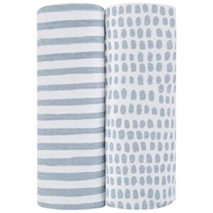 Ely’s & Co. Patent Pending Waterproof Crib│Toddler Bed Sheet 2-Pack Set for Baby Boy - 100% Cotton, Jersey Knit Cotton Sheets with Waterproof Lining — Misty Blue, Stripes and Splashes